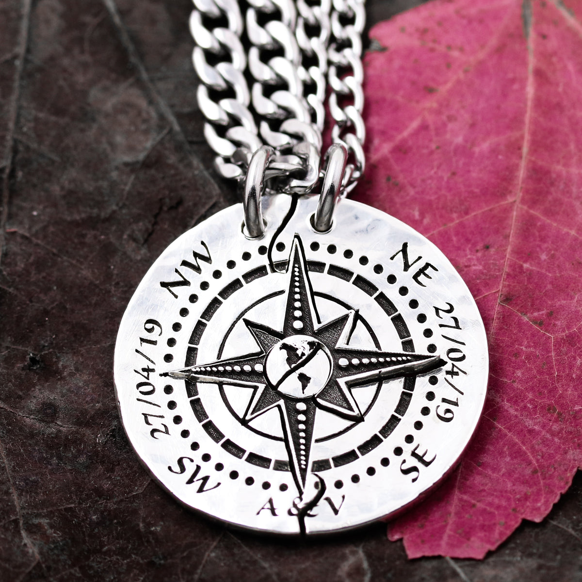 Interlocking Compass Necklaces, Engraved Dates, Hand Cut Coin – Namecoins