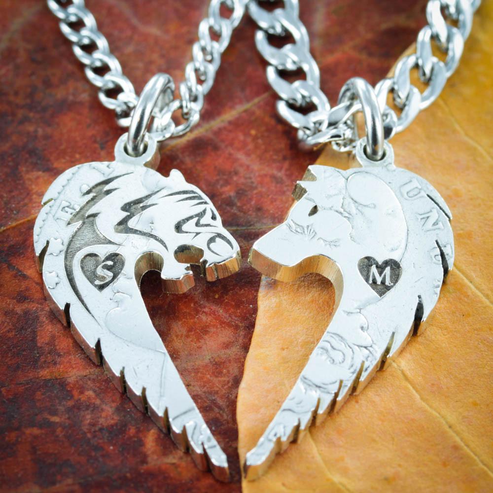Tribal Tiger and Wolf Couples Necklaces Custom initials Engraved in Hearts