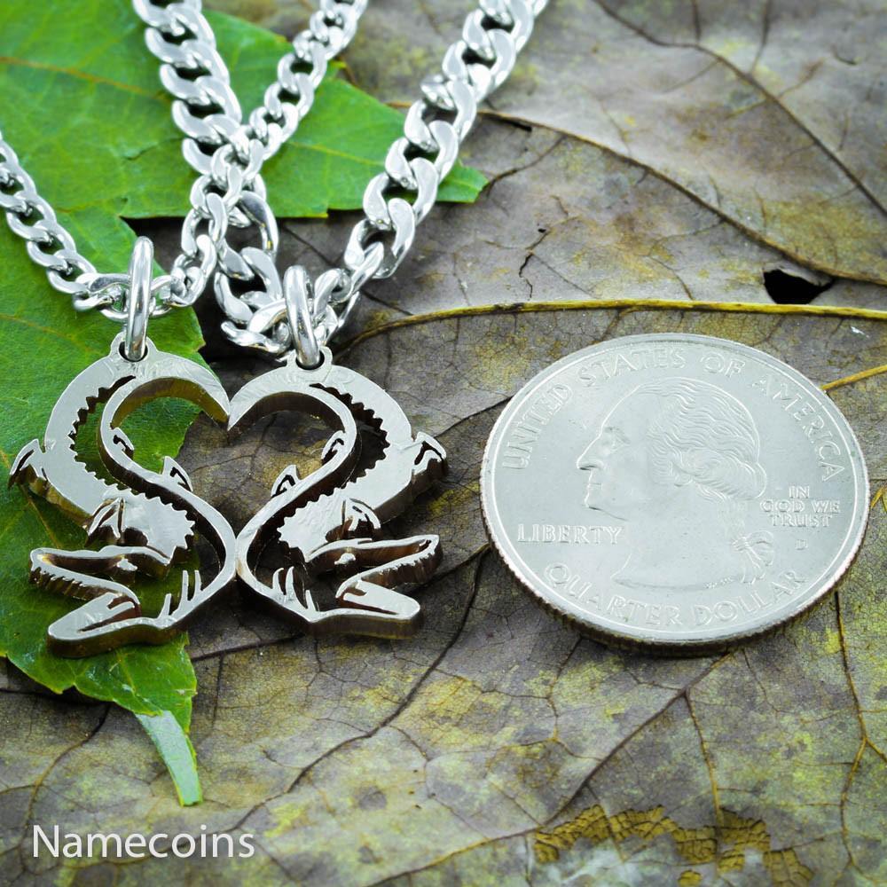 Alligator couples necklaces, Heart coin jewelry By Namecoins