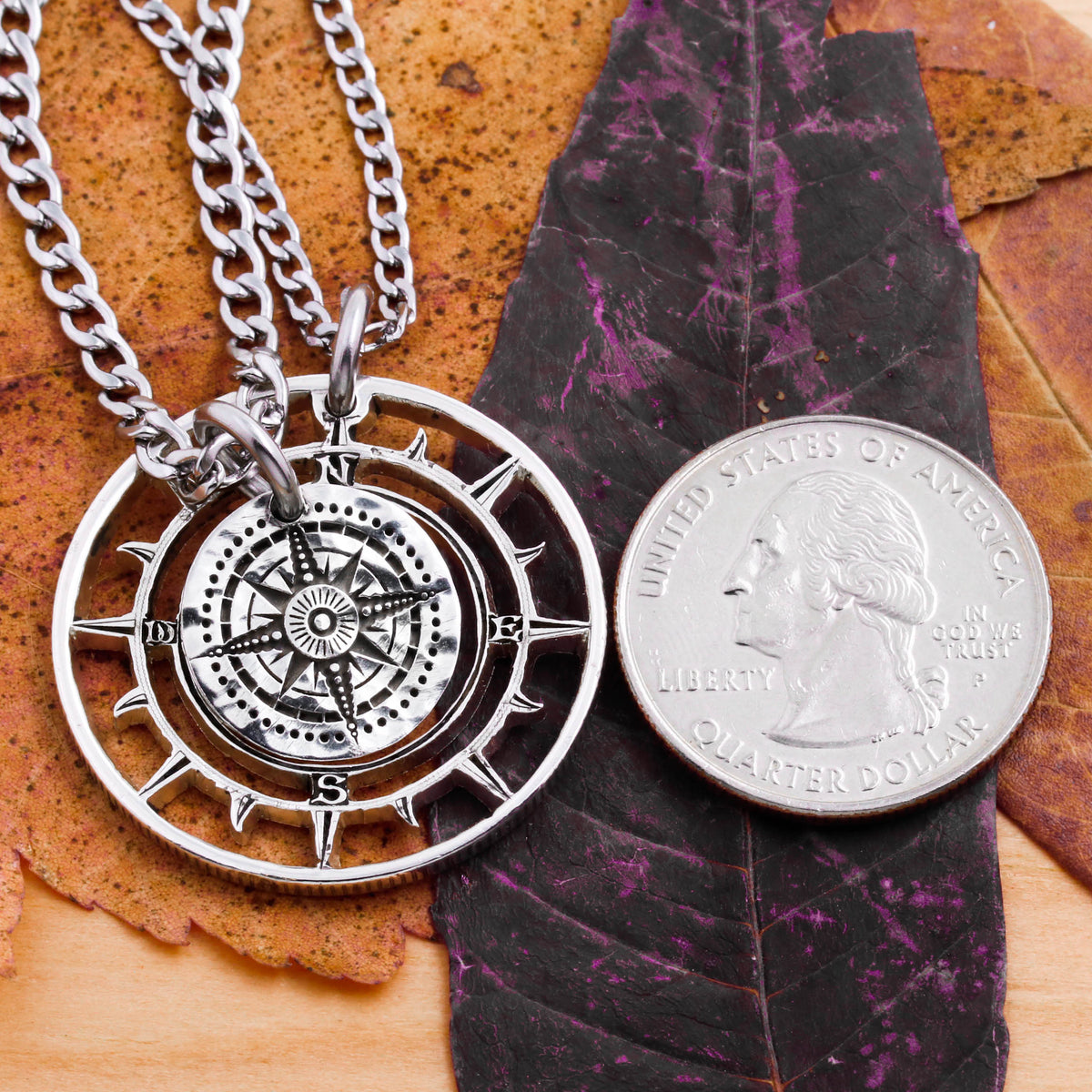 Small and Large Compass Necklaces, Engraved Silver – Namecoins