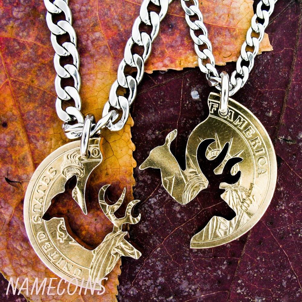 Deer Cut Coin Necklace, Couples Interlocking Gold Dollar, hand cut coi ...