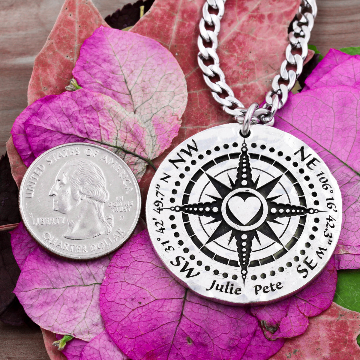 Engraved Compass with Center Heart, Custom Names and Coordinates ...