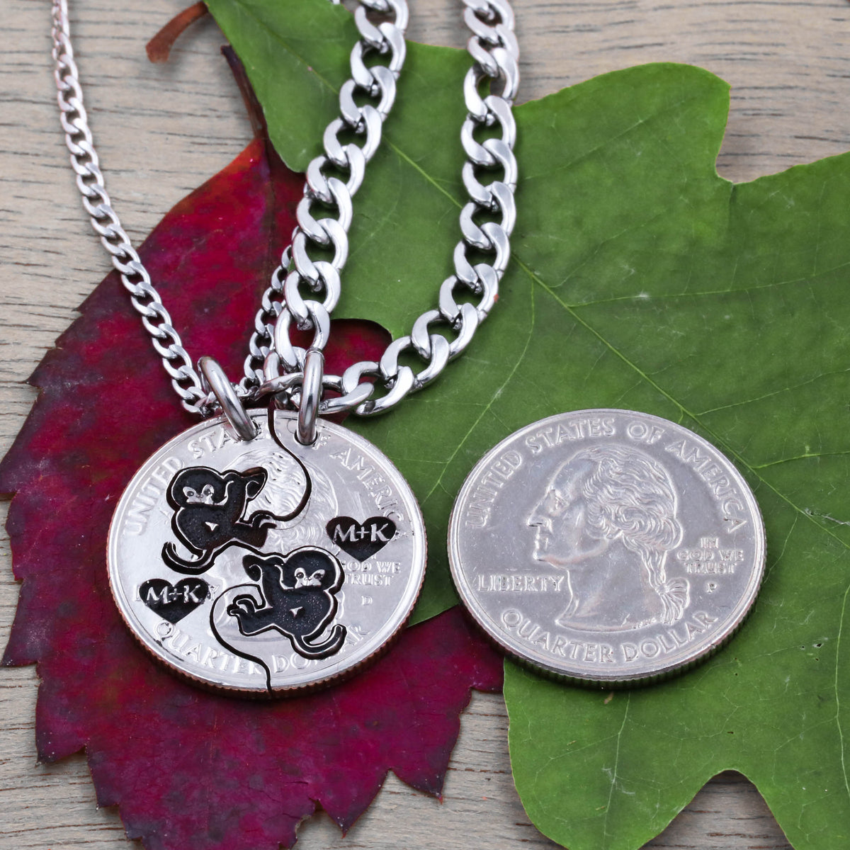 Interlocking Monkey Necklaces, Engraved Hearts with Custom Initials ...