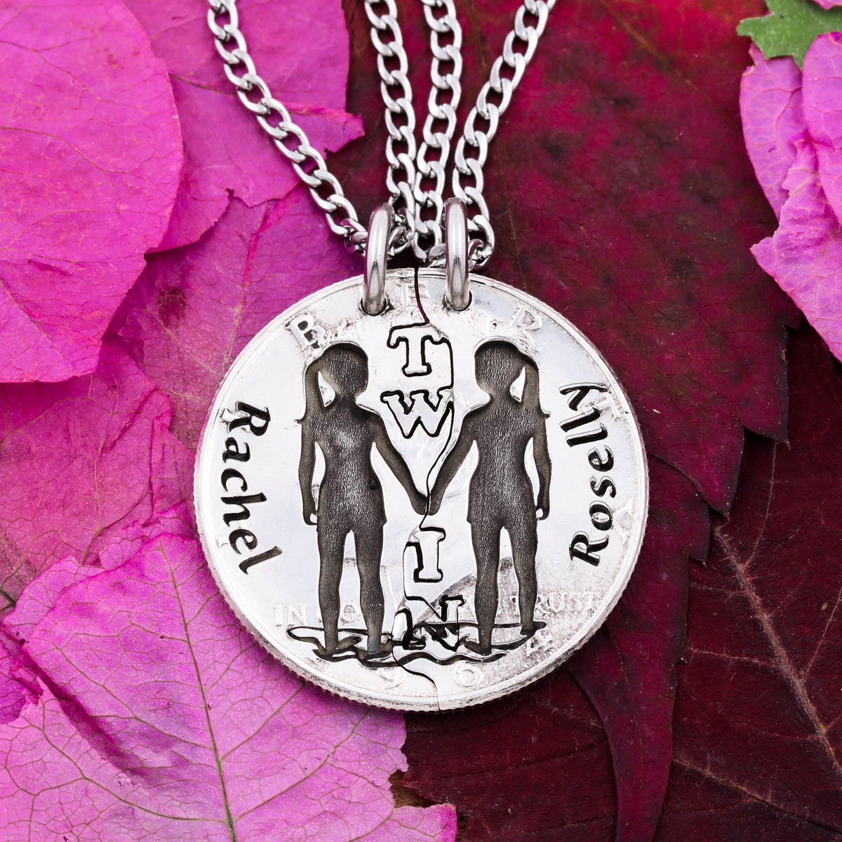 TWIN Sibling Necklaces, Identical Sisters Engraved Names – Namecoins