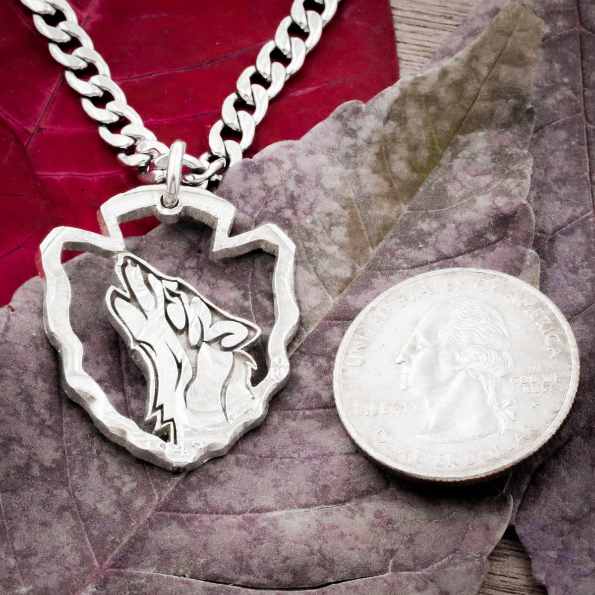 Howling Wolf Arrowhead Necklace, Cut Through and Rimmed Coin – Namecoins